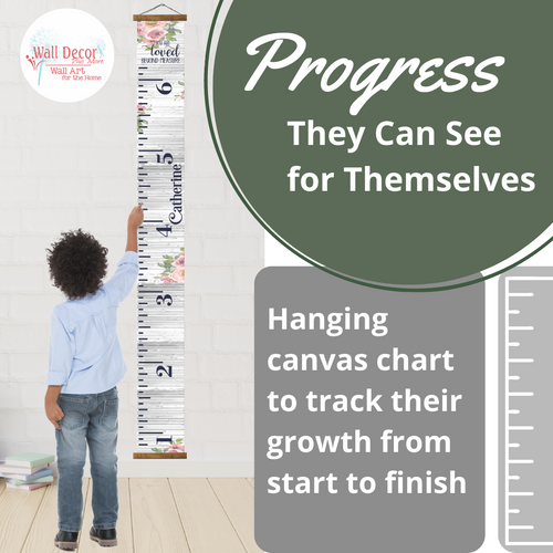 Canvas Growth Chart Height Tracker Sign Gray Wood Grain Floral Print
