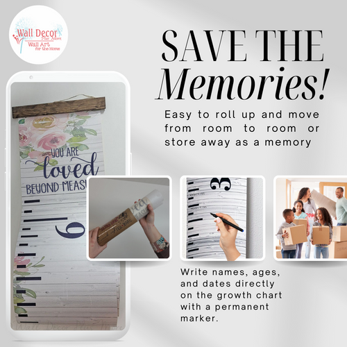 Canvas Growth Chart Height Tracker Sign Gray Wood Grain Floral Print