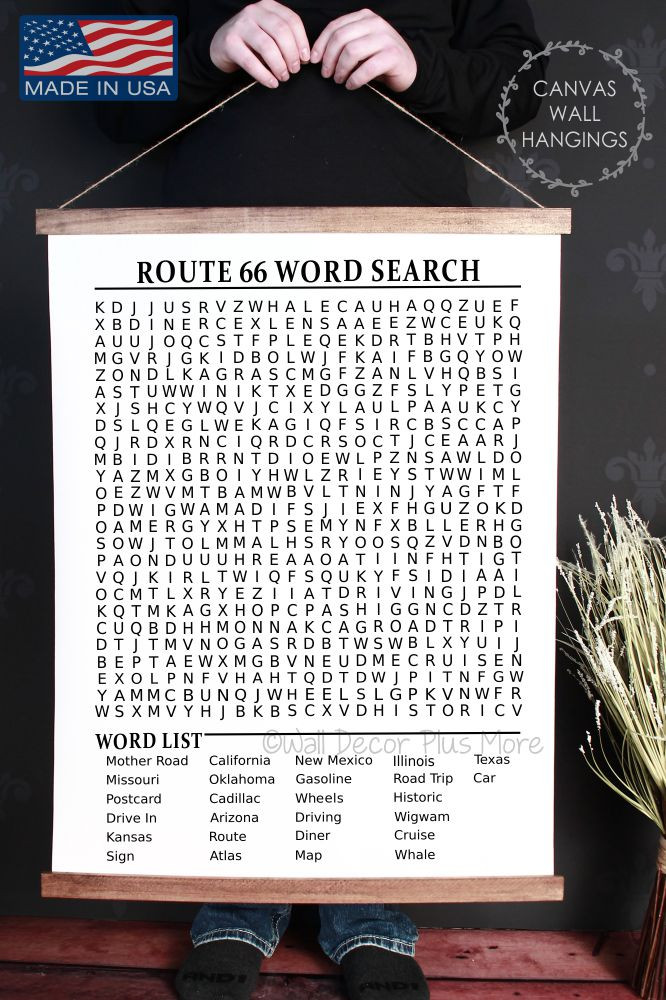 Wood Canvas Wall Hanging Route 66 Word Search Puzzle Sign Decor Print