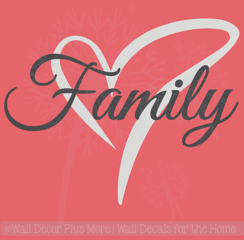 Cursive Family Wall Decal Lettering with Heart, 2-Color Vinyl Stickers ...