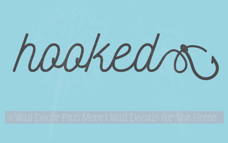 Hooked Cursive Lettering with Fish Hook Fisherman Wall Art Decals Words