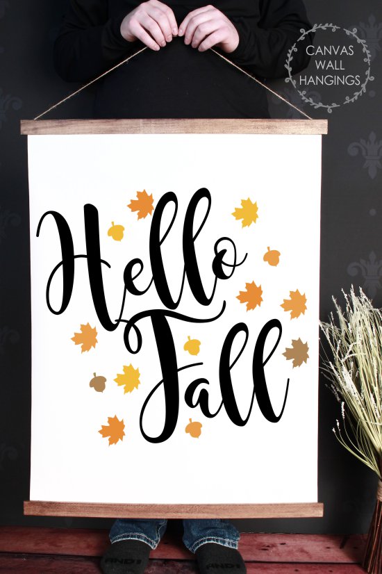 Wood Canvas Wall Hanging Decor Sign Hello Fall Art Autumn Leaves