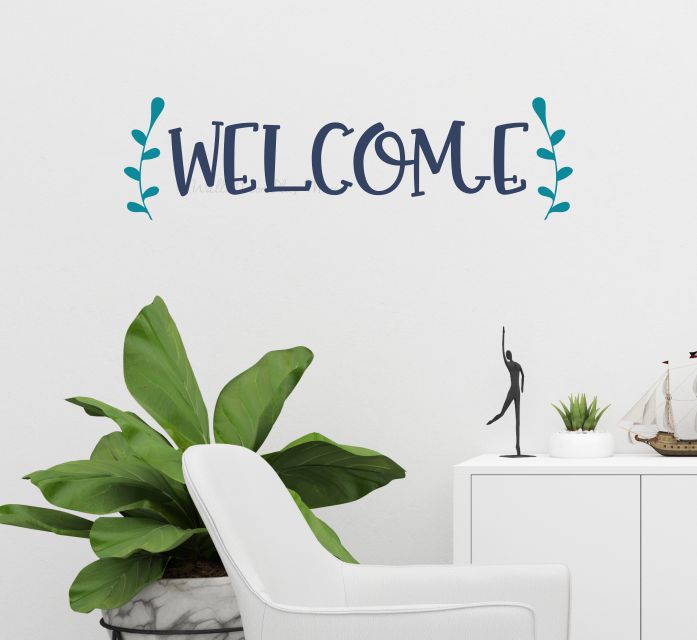 Welcome Wall Decal Lettering with Floral Wreath Art Wall Sticker