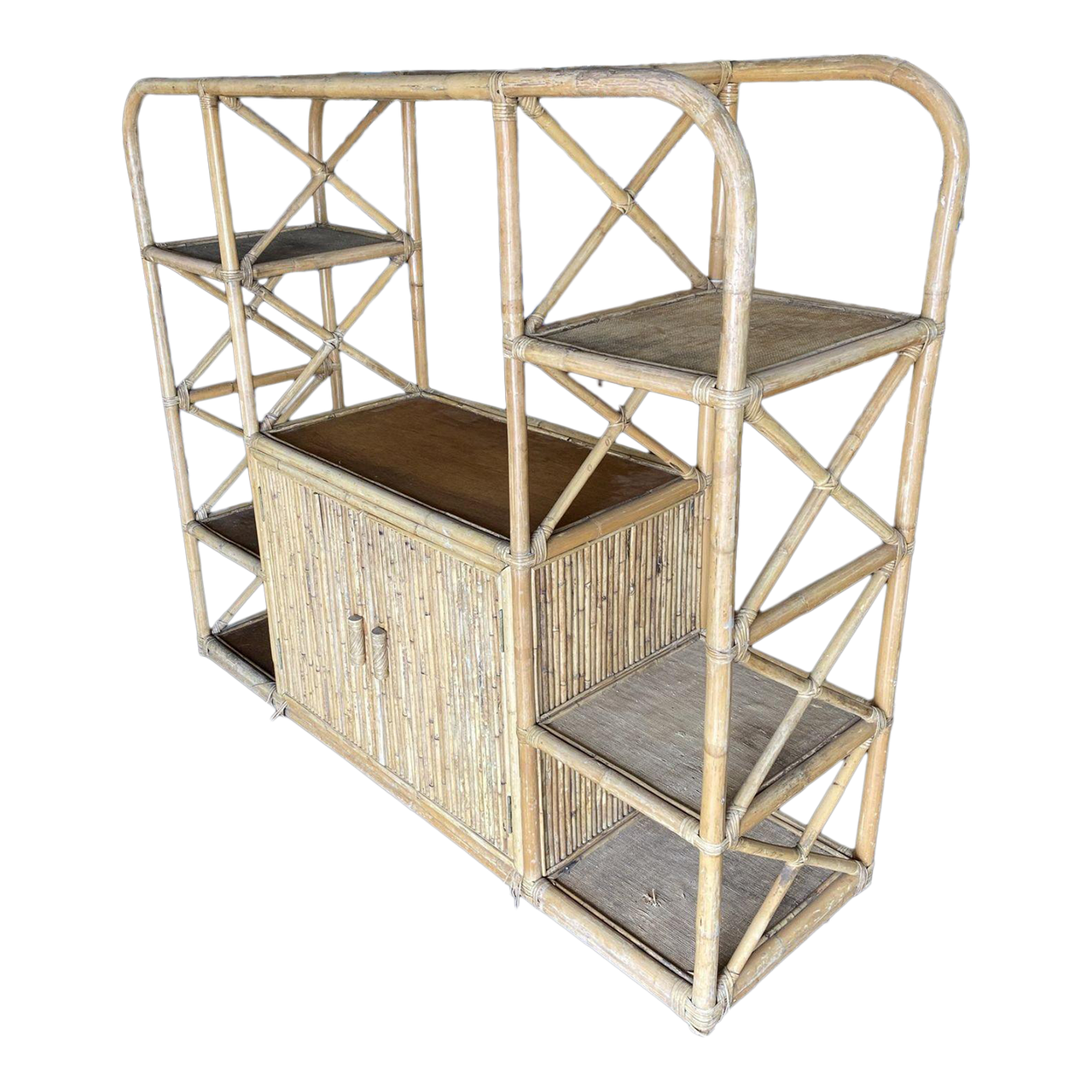 1950s Restored Rattan Seven-Tier Display Shelf Wall Etagere Unit with ...