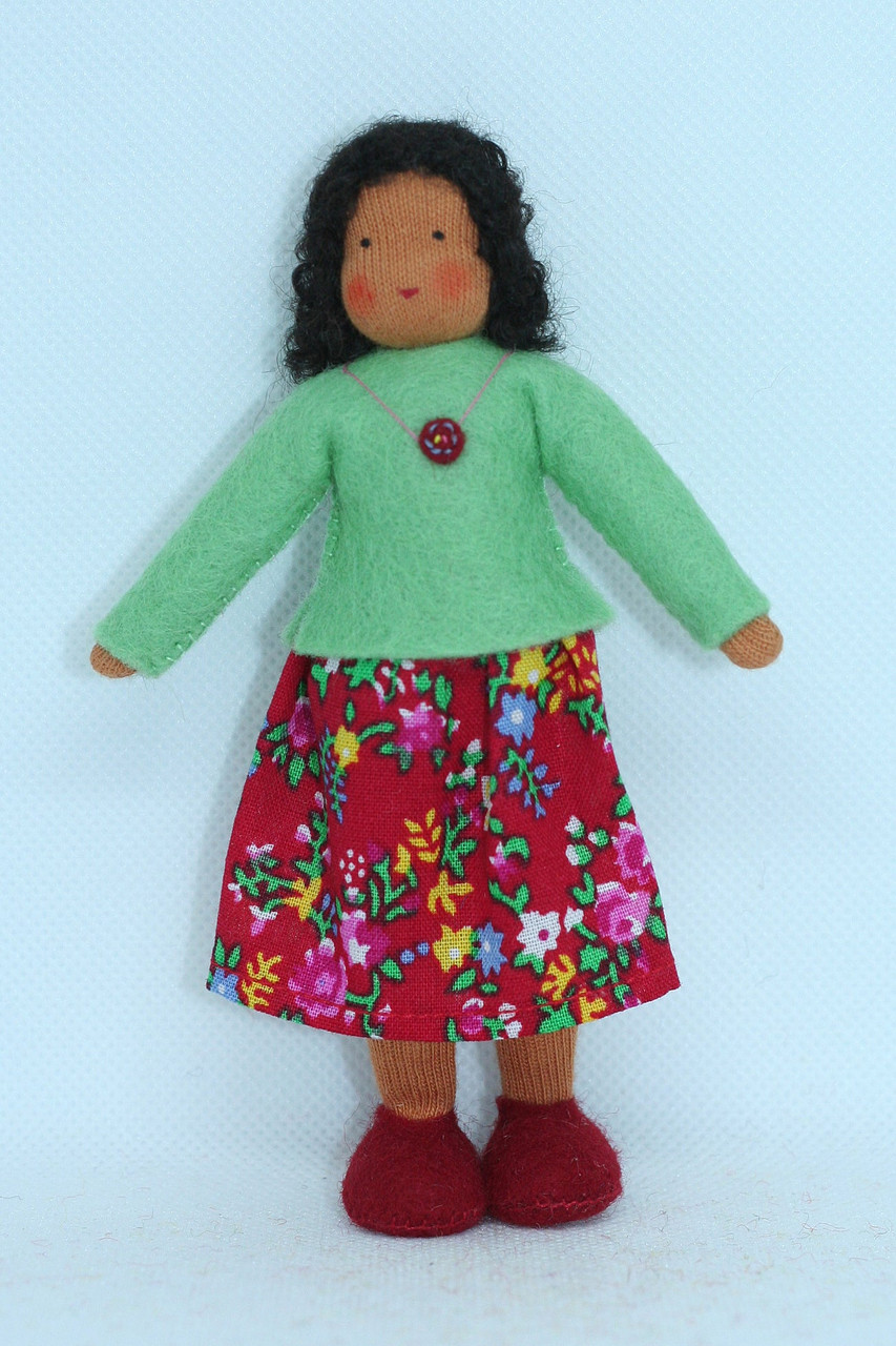 Waldorf Dollhouse Doll Mother with Black Hair Medium Dark Skin