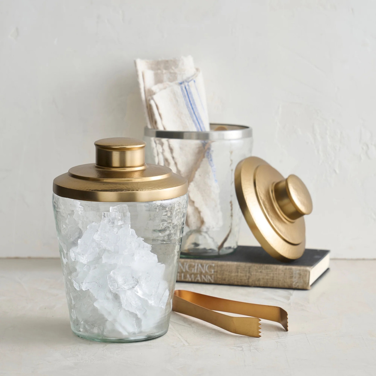 Pebbled Glass Ice Bucket with Hammered Glass Lid and Tongs - THE BEACH ...