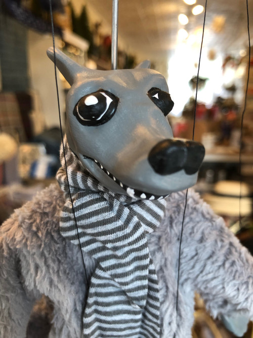 Marionette Puppet Grey Fox With Striped Scarf No 1 - THE BEACH PLUM COMPANY