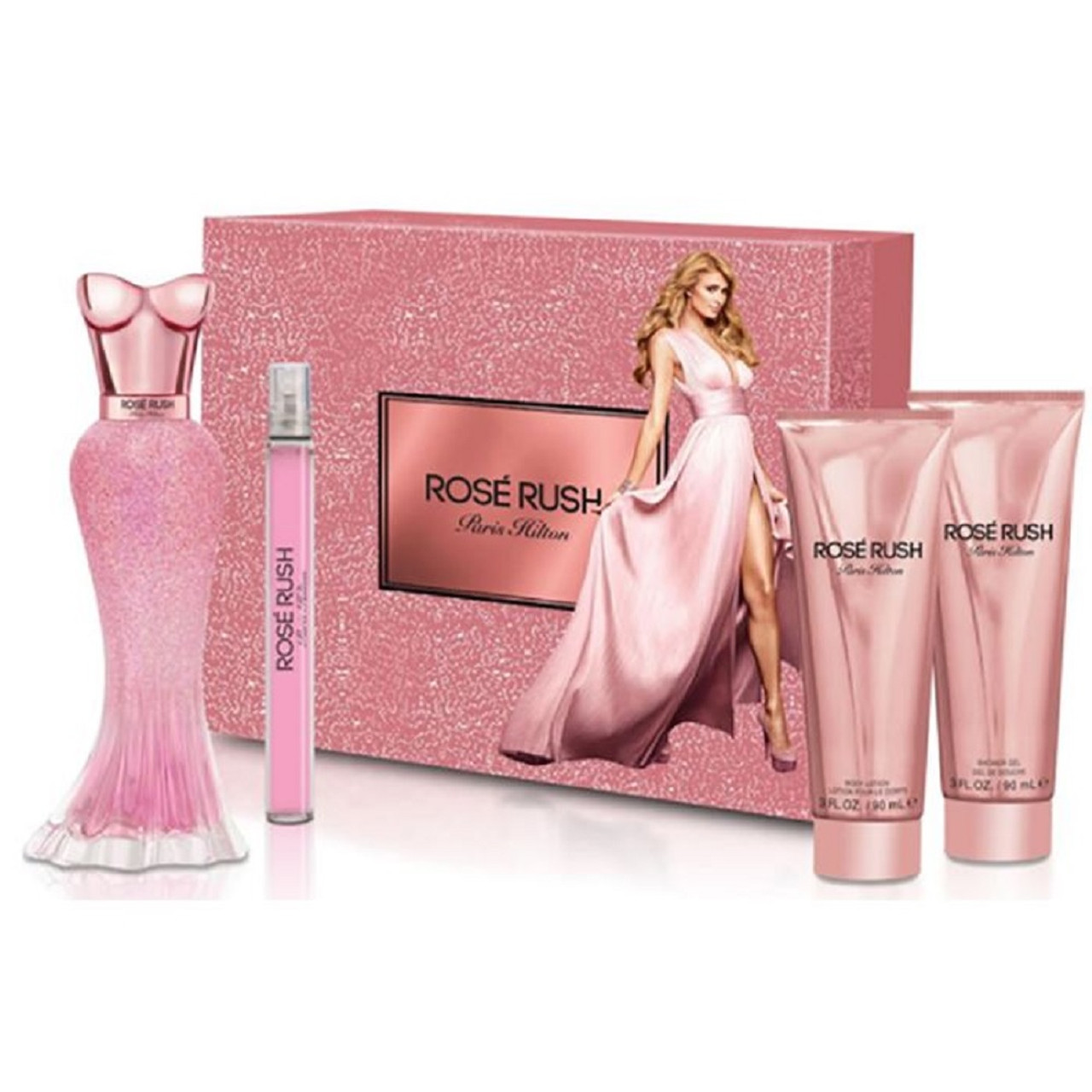 PARIS HILTON ROSE RUSH 4 PCS GIFT SET: 3.4 EAU DE PARFUM + 3 OZ BODY LOTION + 3 OZ SHOWER GEL ...
