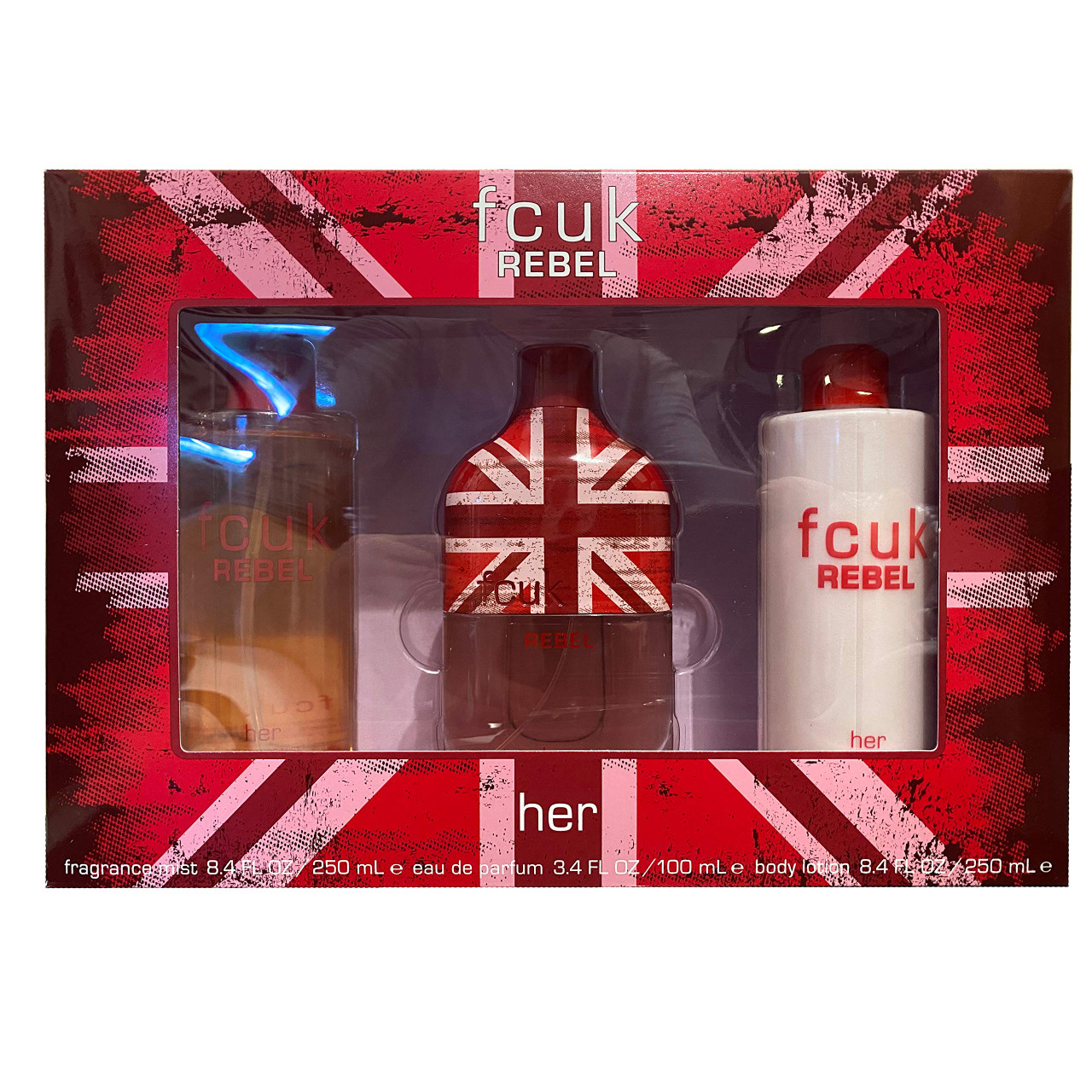 FCUK REBEL HER 3 PCS SET: 3.4 EAU DE PARFUM + 8.4 BODY LOTION + 8.4 ...