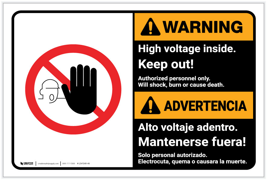Warning: High Voltage Inside Keep Out Landscape Bilingual Spanish ...