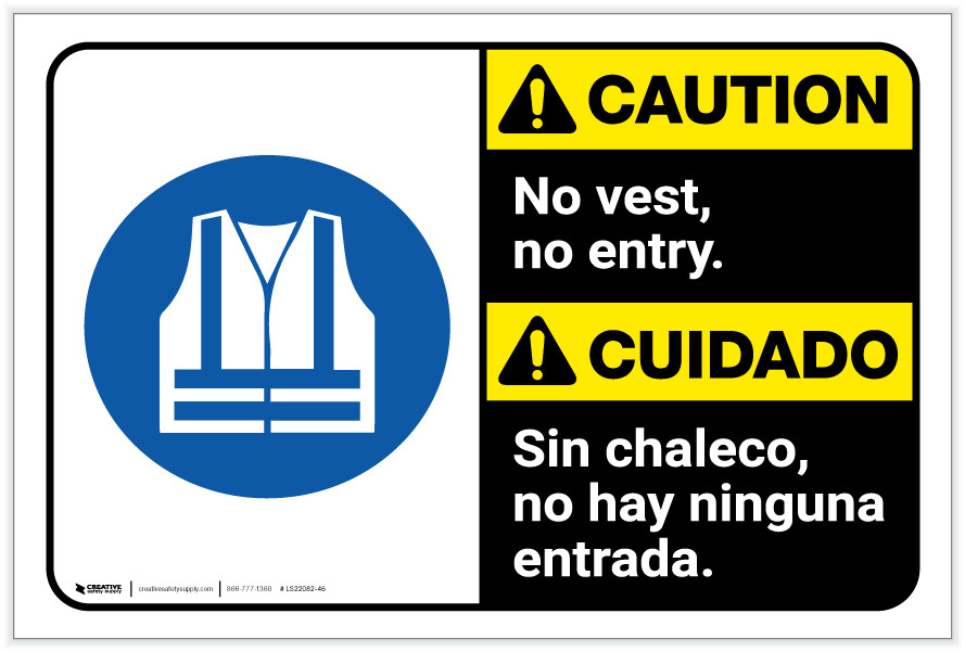 Caution: No Entry Without Vest ANSI Landscape - Label | 5SToday.com