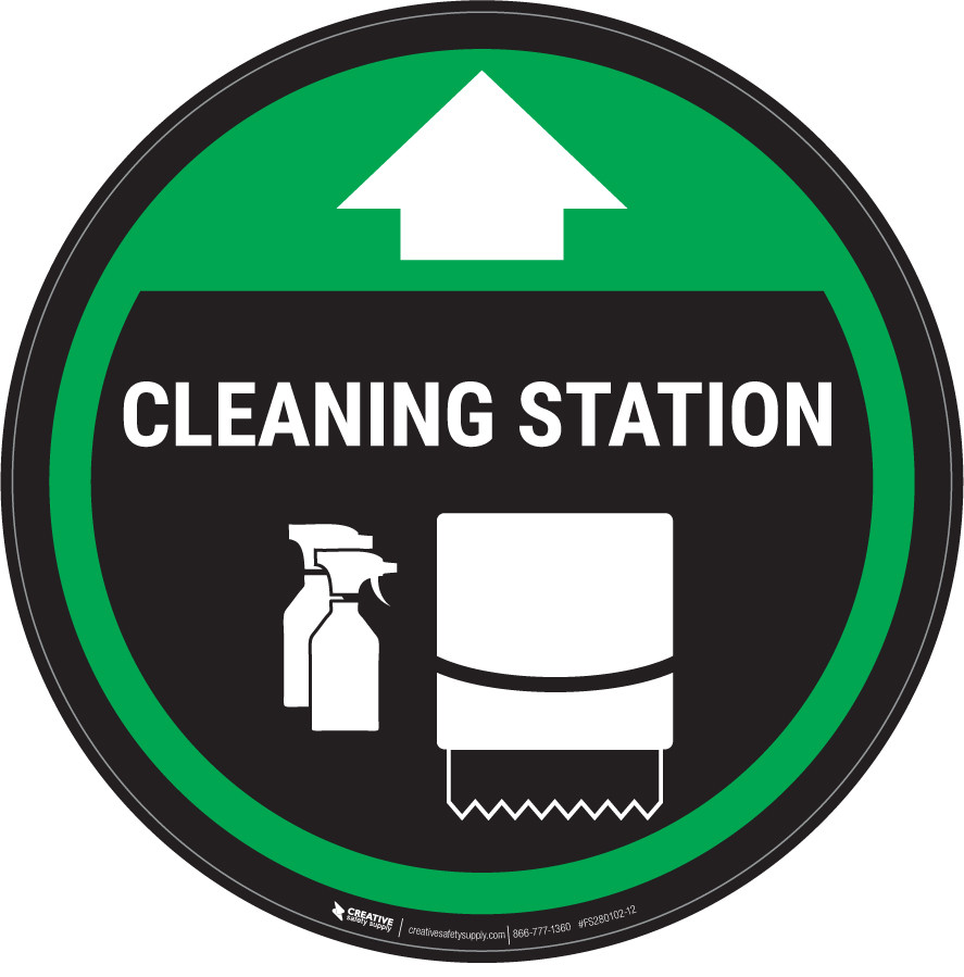 Cleaning Station Arrow With Icon Green - Circular - Floor Sign | 5S Today