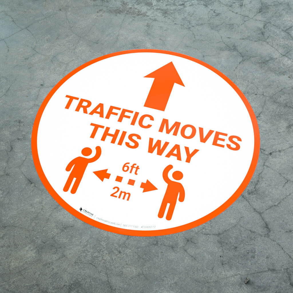 Traffic Moves This Way - Arrow with Icon Orange - Floor Sign | 5S Today