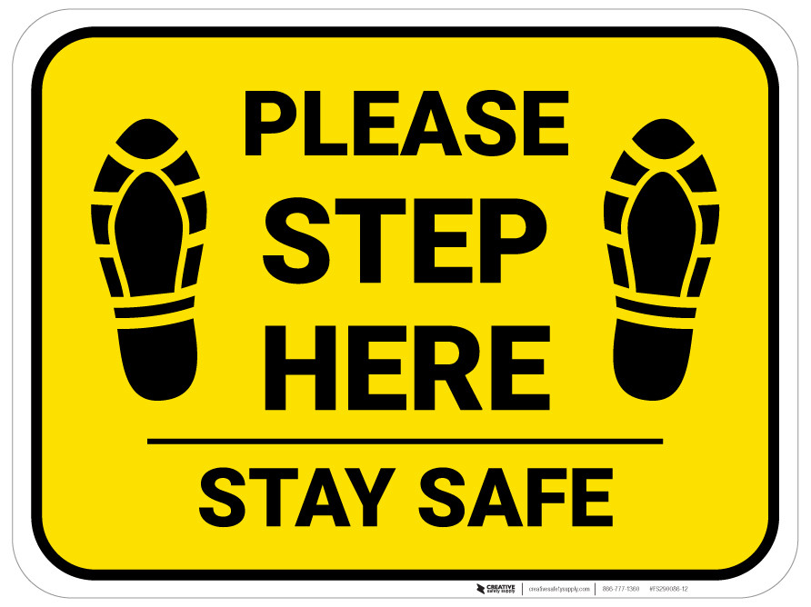 Please Step Here Stay Safe Shoe Prints Yellow Rectangle - Floor Sign ...