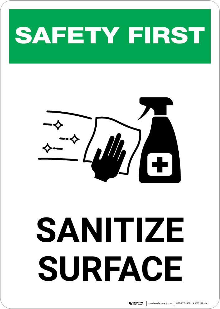 Safety First: Sanitize Surface with Icon Portrait - Wall Sign | 5S Today