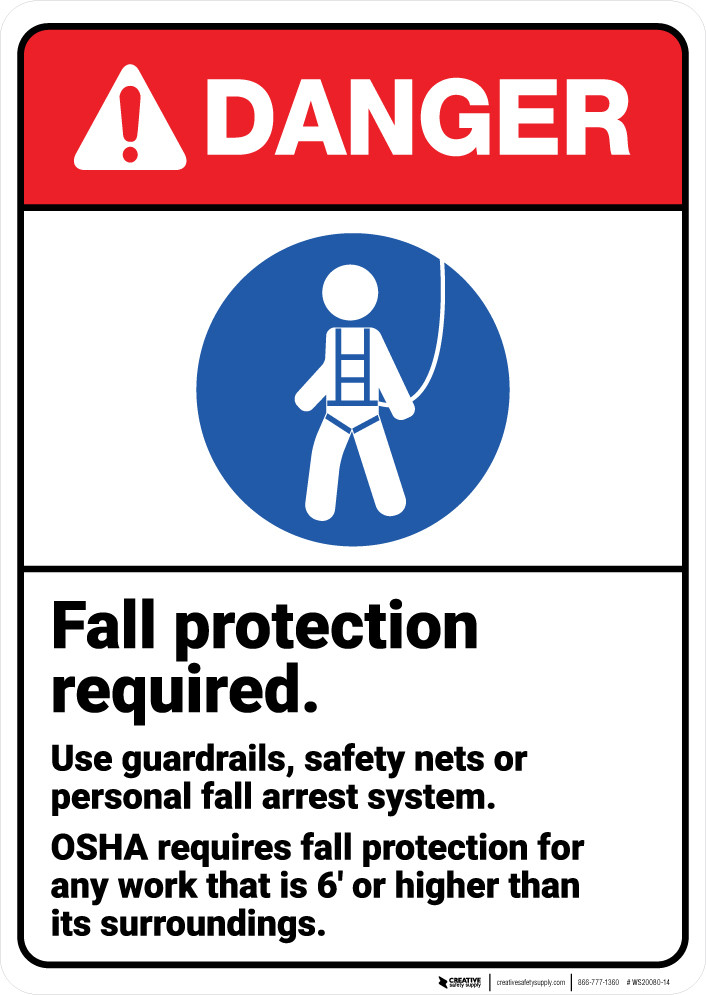 Danger: Fall Protection Required ANSI - Wall Sign | 5S Today