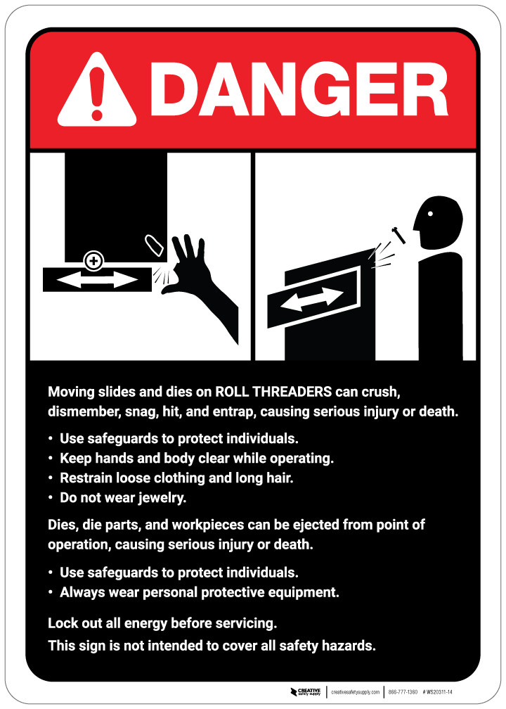 Danger: Roll Threaders Guidelines ANSI - Wall Sign | 5S Today