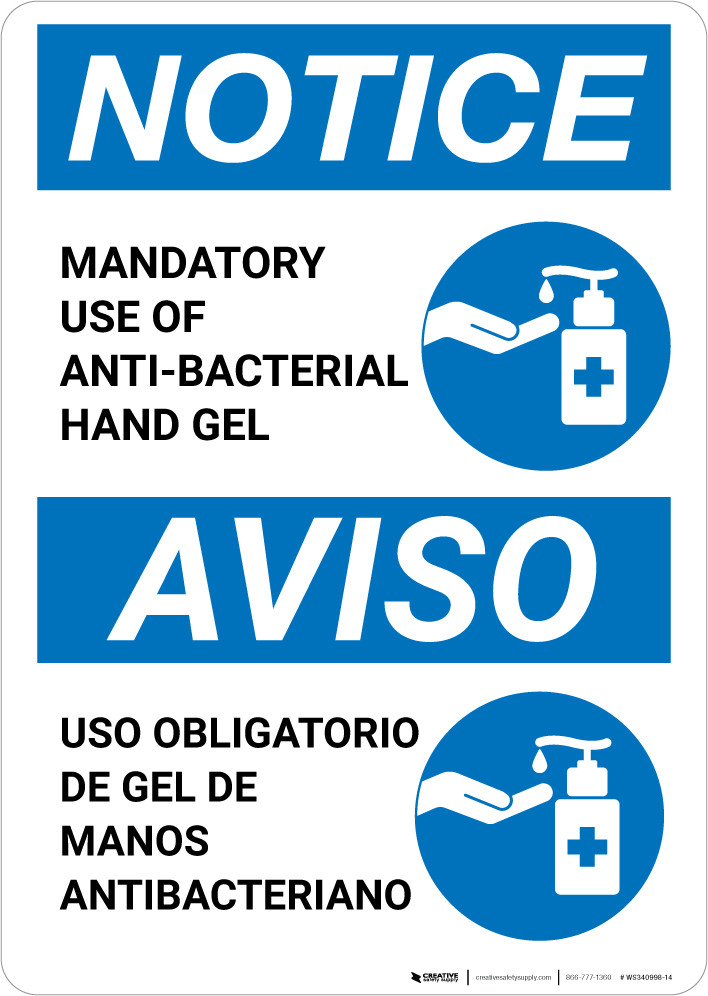Notice: Mandatory Use Of Anti-Bacterial Hand Gel Bilingual With Icon ...