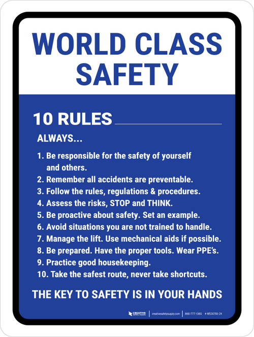 World Class Safety (Ten Rules) Portrait - Wall Sign