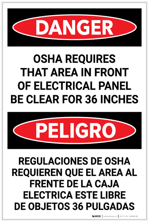 Danger: OSHA Requires Panel Kept Clear Bilingual Spanish - Label ...