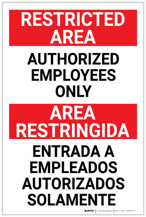 Restricted Area: Authorized Employees Only Bilingual Spanish - Label ...