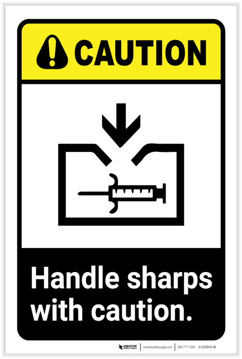 Caution: Handle Sharps with Caution ANSI with Icon Portrait - Label