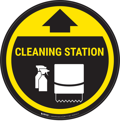 Cleaning Station Arrow With Icon Yellow - Circular - Floor Sign | 5S Today