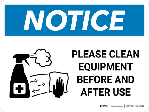 Notice: Please Clean Equipment with Icon Landscape - Wall Sign | 5S Today