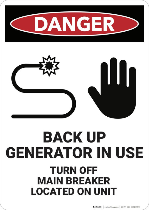 Danger: Back Up Generator In Use Turn Off Main Breaker - Wall Sign | 5S ...