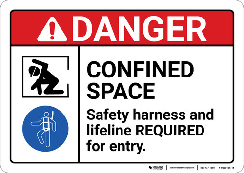 Danger: Confined Space Safety Harness and Lifeline Required ANSI - Wall ...