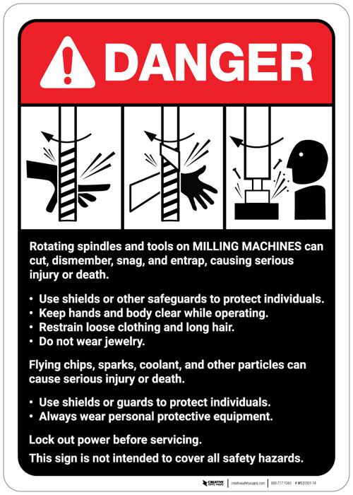 Danger: Milling Machine Guidelines ANSI - Wall Sign | 5S Today