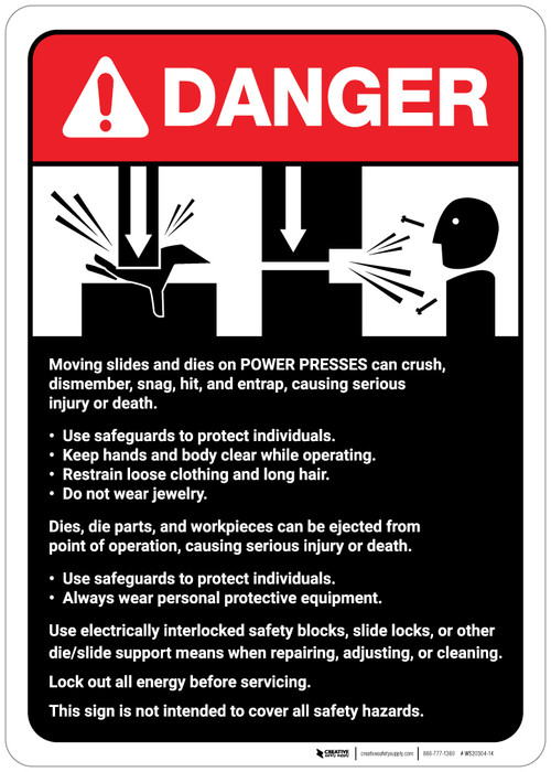Danger: Power Presses Machine Guidelines ANSI - Wall Sign | 5S Today