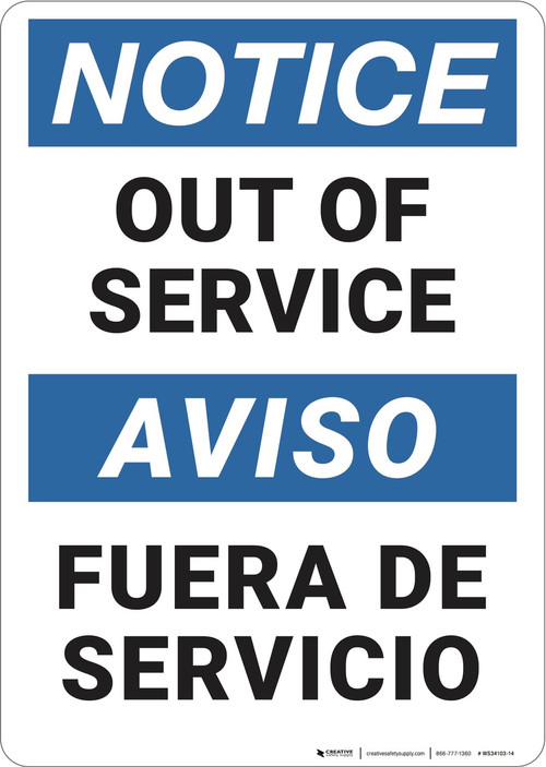 Notice: Out Of Service Bilingual - Wall Sign | 5S Today