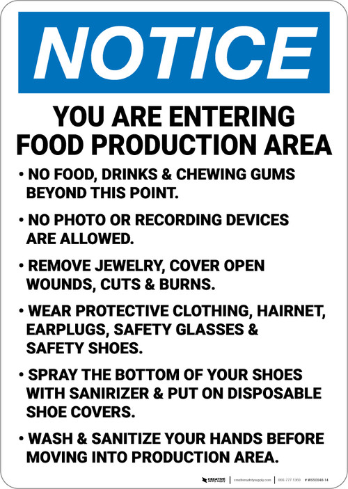 Notice: Food Production Area No Food Wear PPE - Wall Sign | 5S Today