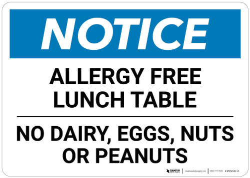 Notice: Allergy Free Lunch Table No Dairy Eggs - Wall Sign | 5S Today