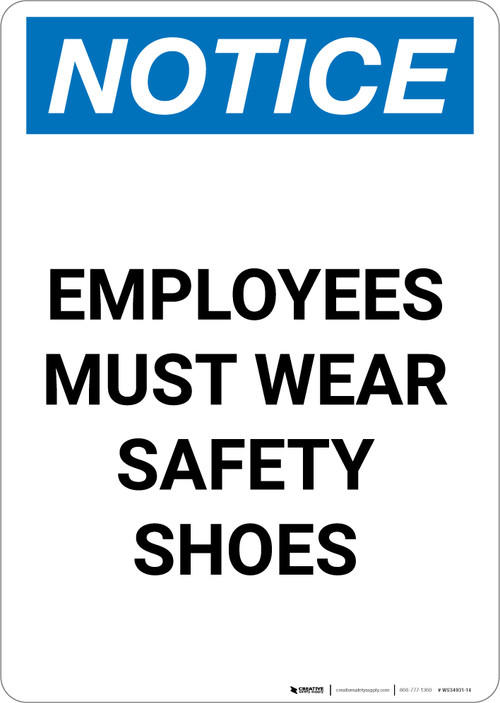Notice: Employees Must Wear Safety Shoes - Portrait Wall Sign | 5S Today