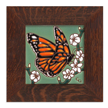 Carly Quinn Monarch with White Flowers Oak Framed Ceramic Tile