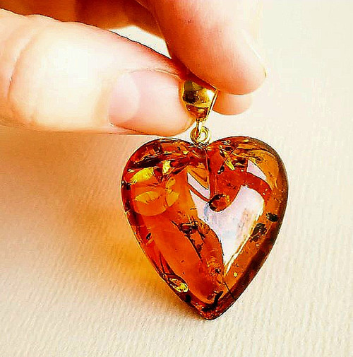 Large Amber Heart Pendant Made of Cognac Color Amber.