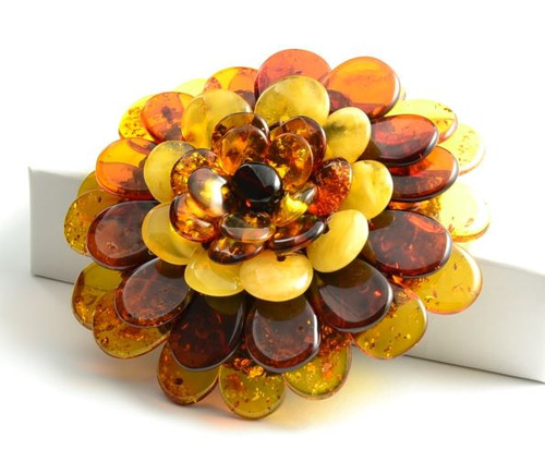 Large Multicolor Amber Flower Brooch.