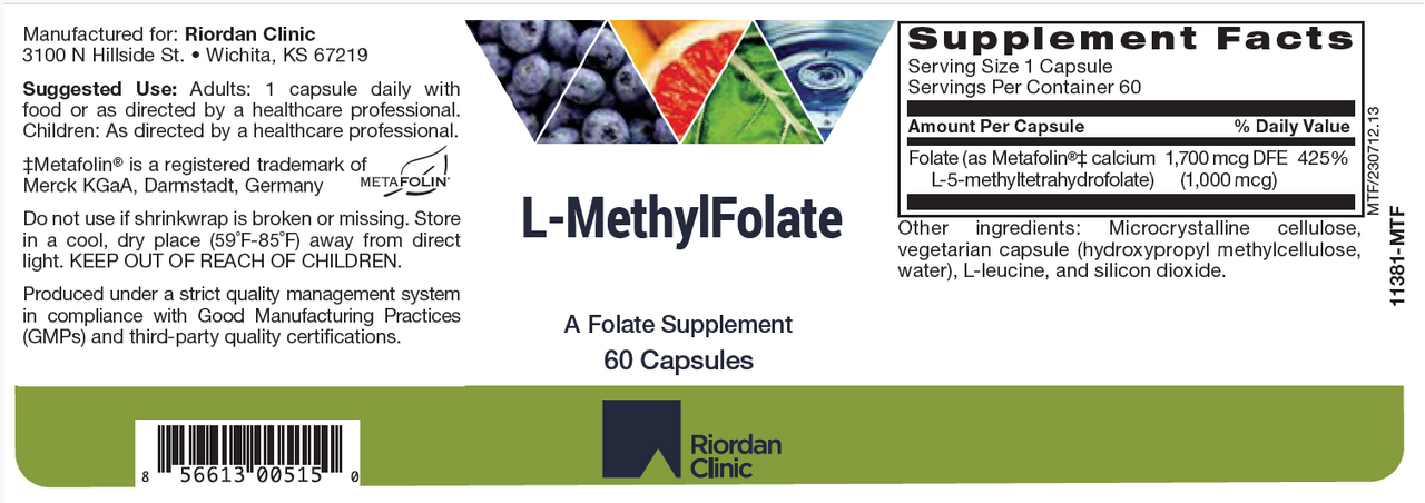 L-Methylfolate, 60 Capsules - Riordan Clinic Nutrient Store
