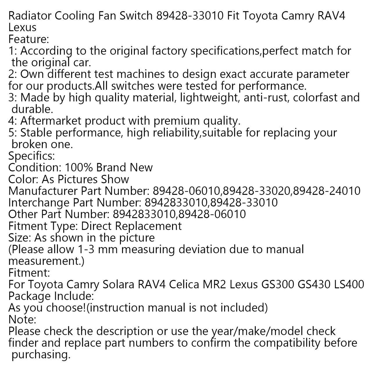 Radiator Cooling Fan Switch 89428-33010 For Toyota Camry Solara RAV4 ...
