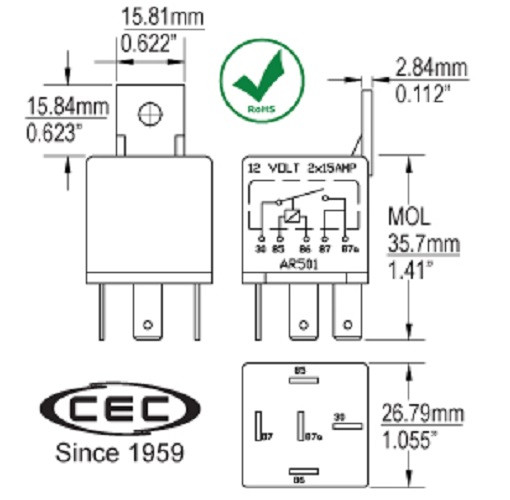 5-Prong ISO Relay 12 Volt 30A (2 x 15A), Normally Open SPNO Contact ...