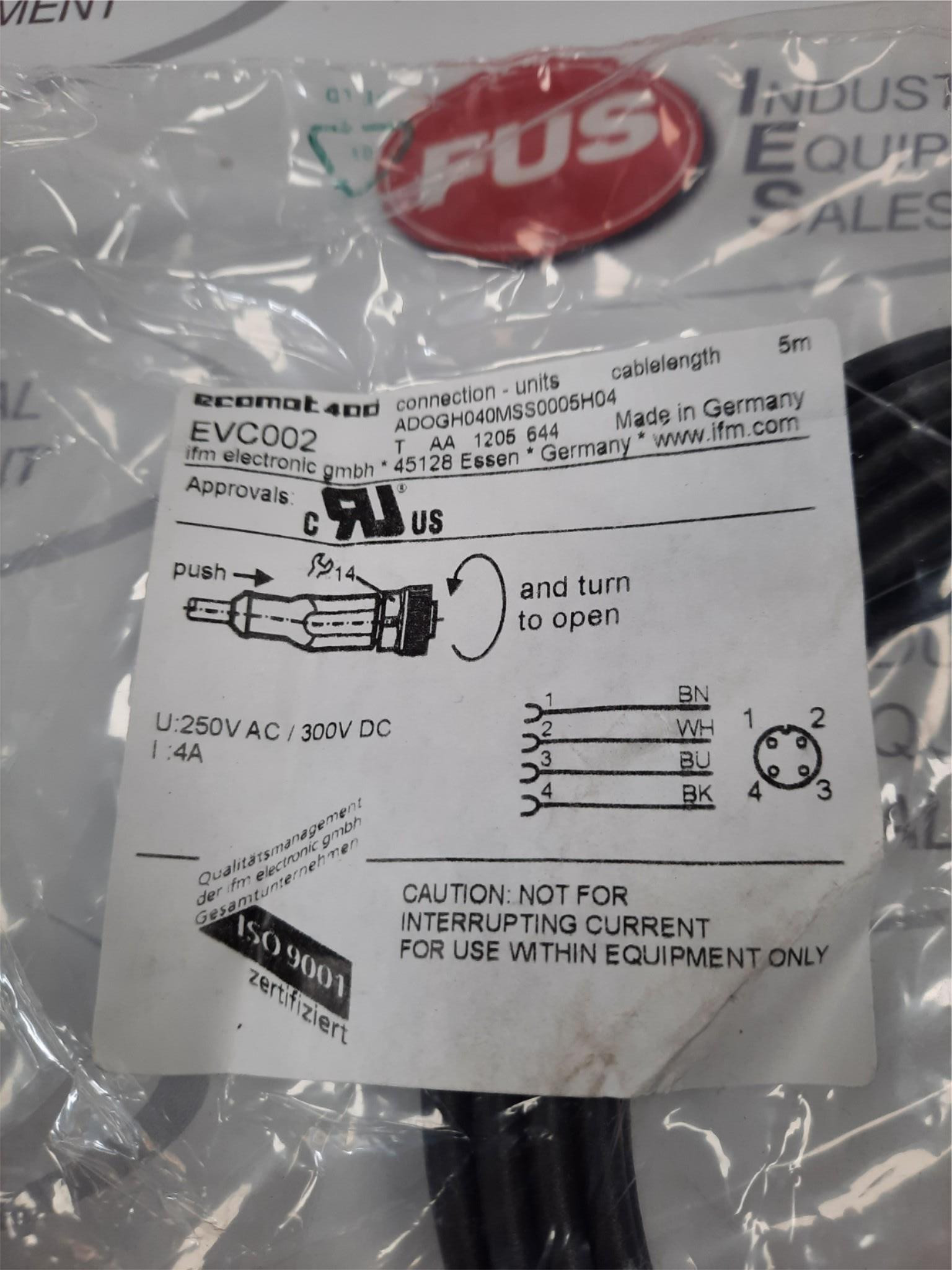IFM EVC002 ECOMAT 400 Single Ended Cordset, 5m Cable - FUS Industrial