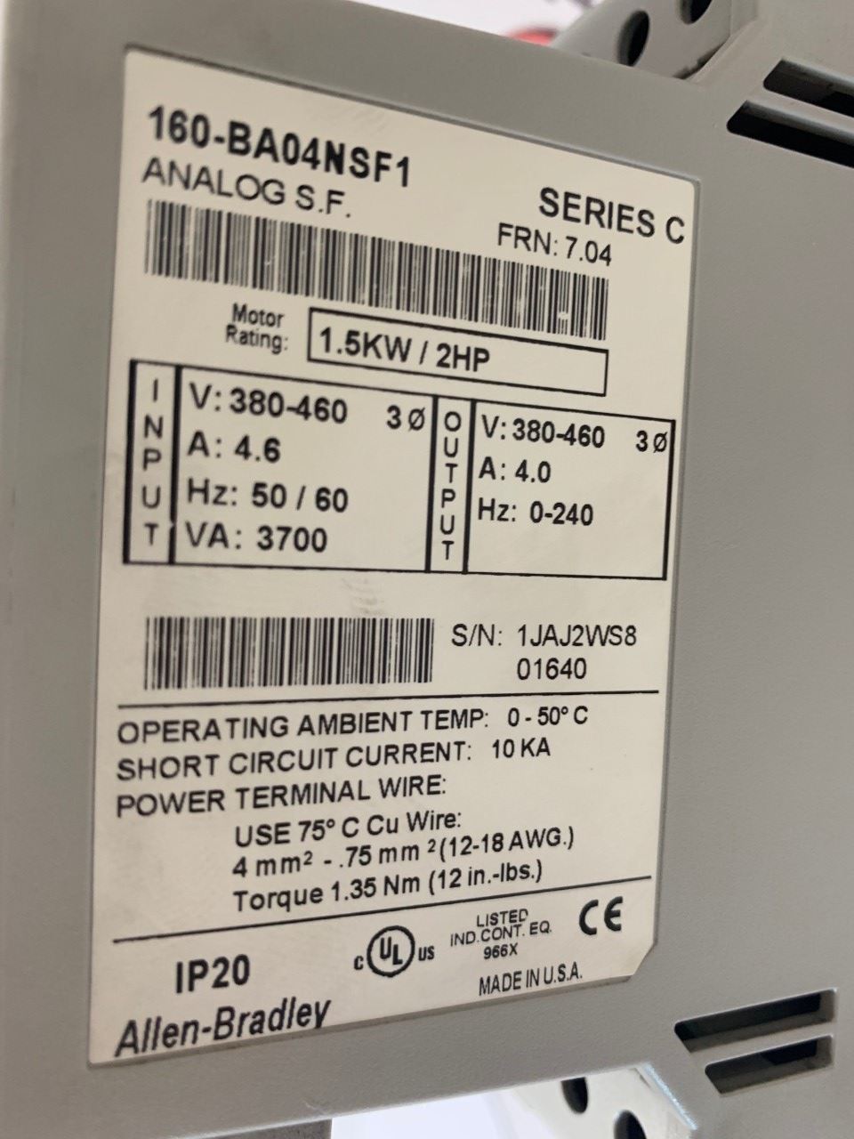 Allen Bradley 160-BA04NSF1 Speed Controller Series C, 1.5KW/2HP with ...