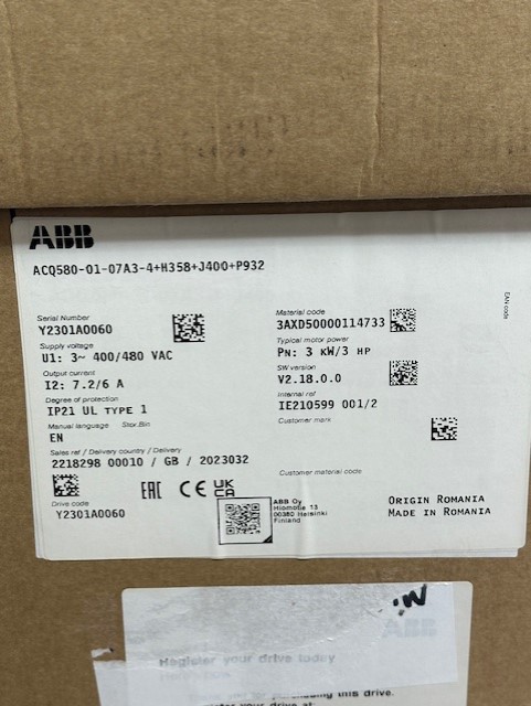 ABB ACQ580-01-07A3-4+H358+J400+P932 Inverter Drive - FUS Industrial