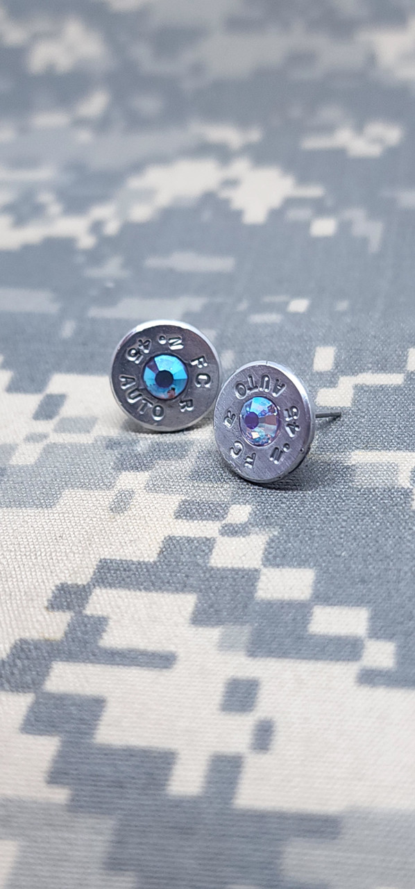 15 Caliber Silver Bullet Casings AB Crystal Surgical Stud Earrings ...