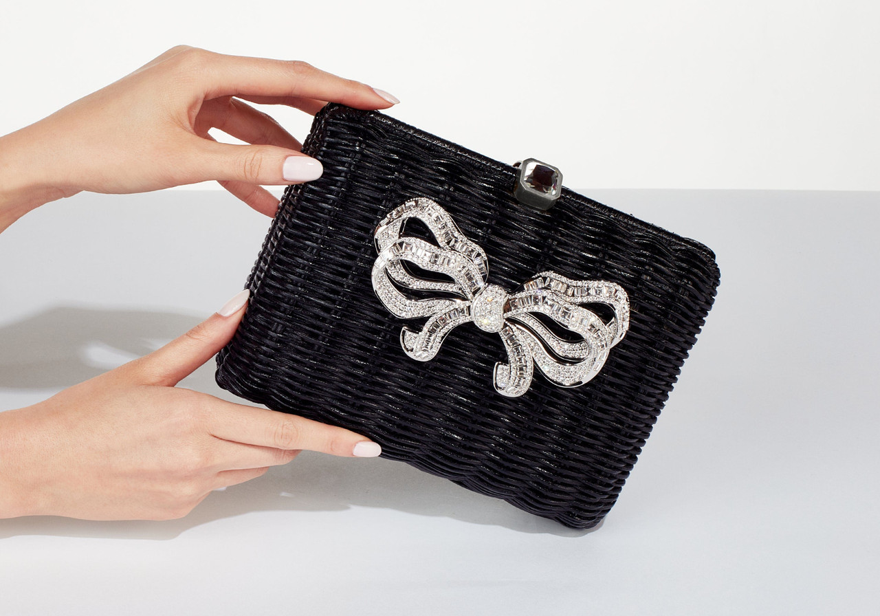 Judith Leiber Couture Hailey Wicker Basket Bow Black in Silver Black