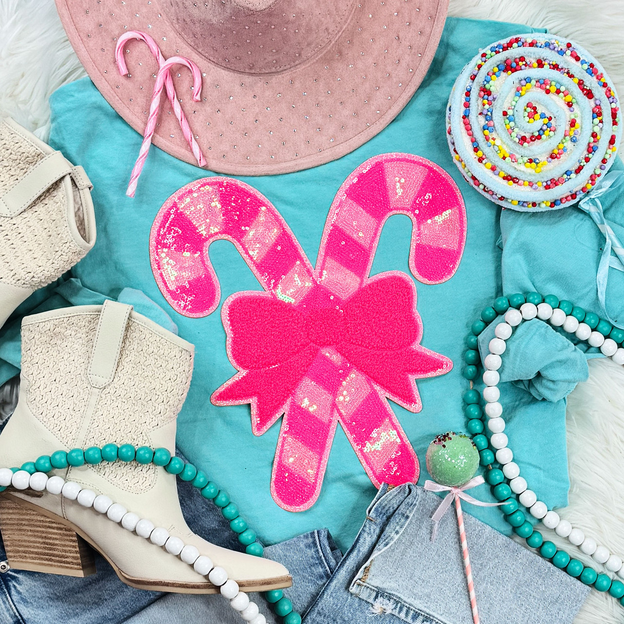 Double Pink Candy Canes with Bow Sequin Patch