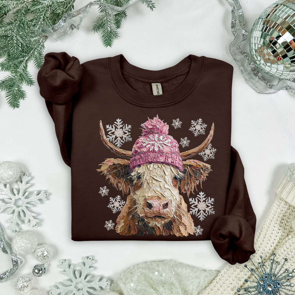 Faux Painted Winter Highland Cow DTF Heat Transfer