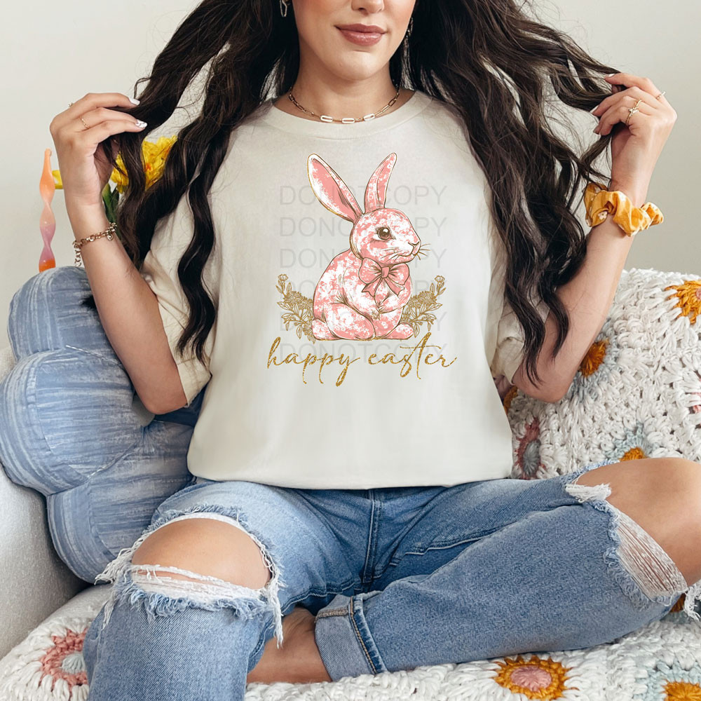 Faux Glitter Happy Easter Bunny DTF Heat Transfer